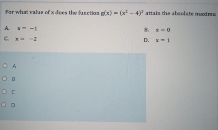 Solved For what value of x does the function g(x)=(x2−4)2 | Chegg.com