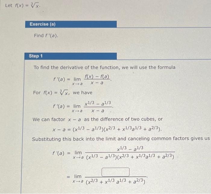 Solved f(x)=3x Find f′(a) Step 1 To find the derivative of | Chegg.com