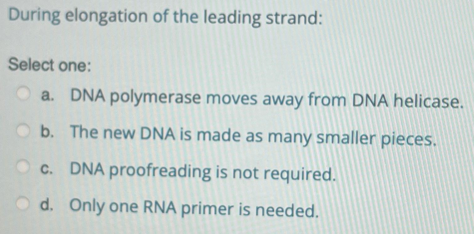 Solved During elongation of the leading strand:Select one:a. | Chegg.com