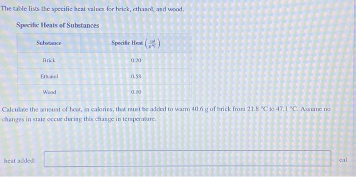 Solved The table lists the specific heat values for brick, | Chegg.com