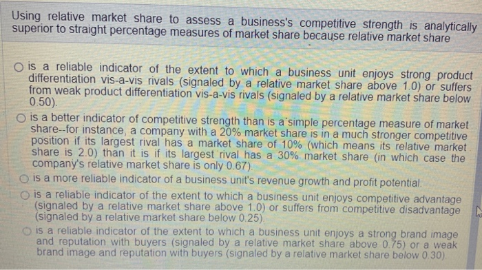 Solved Using relative market share to assess a business's | Chegg.com
