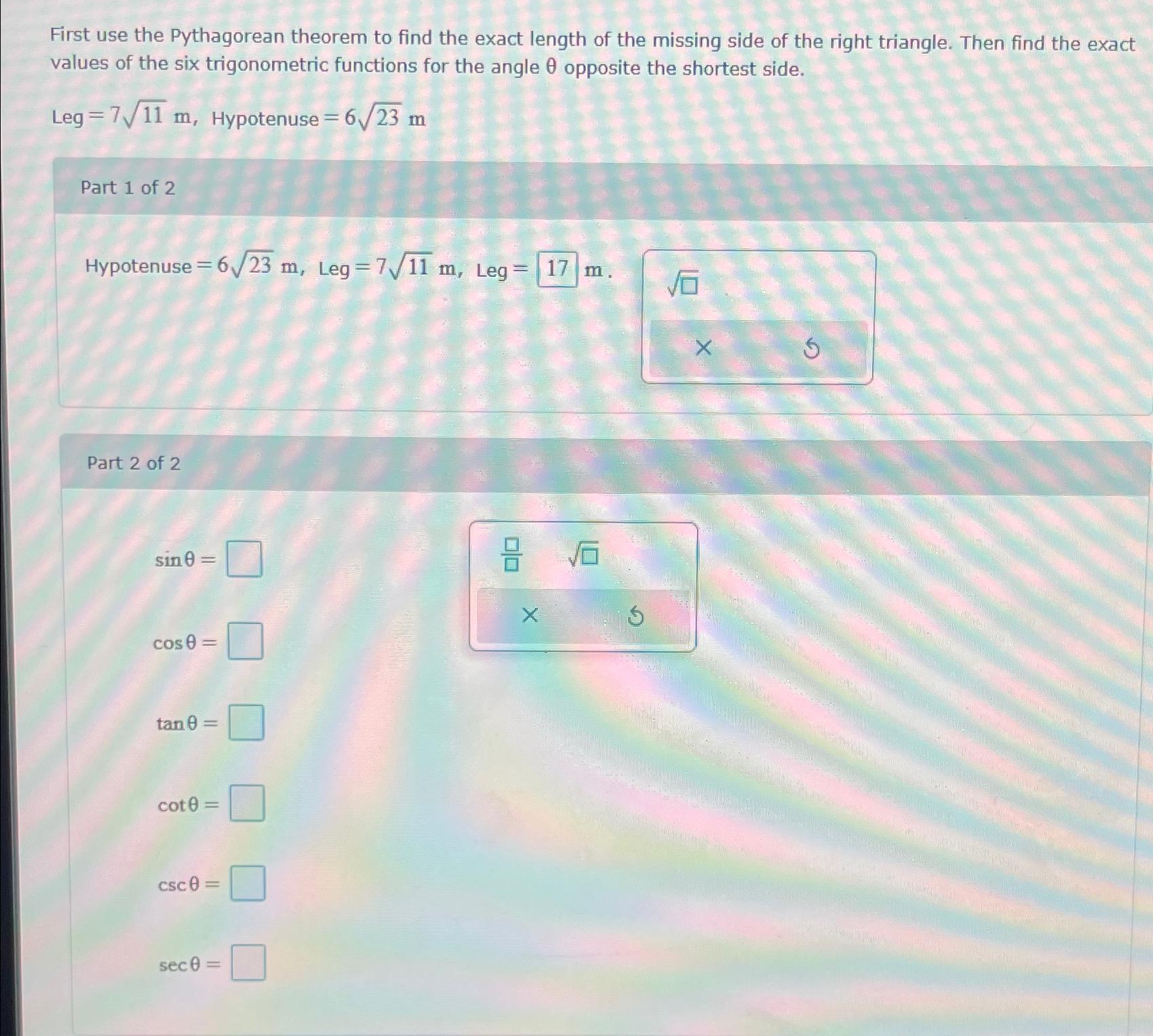 Solved First use the Pythagorean theorem to find the exact | Chegg.com