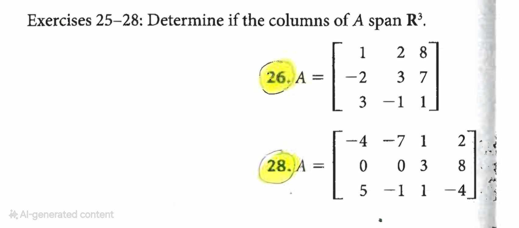 Solved Exercises 25-28: Determine if the columns of A span | Chegg.com