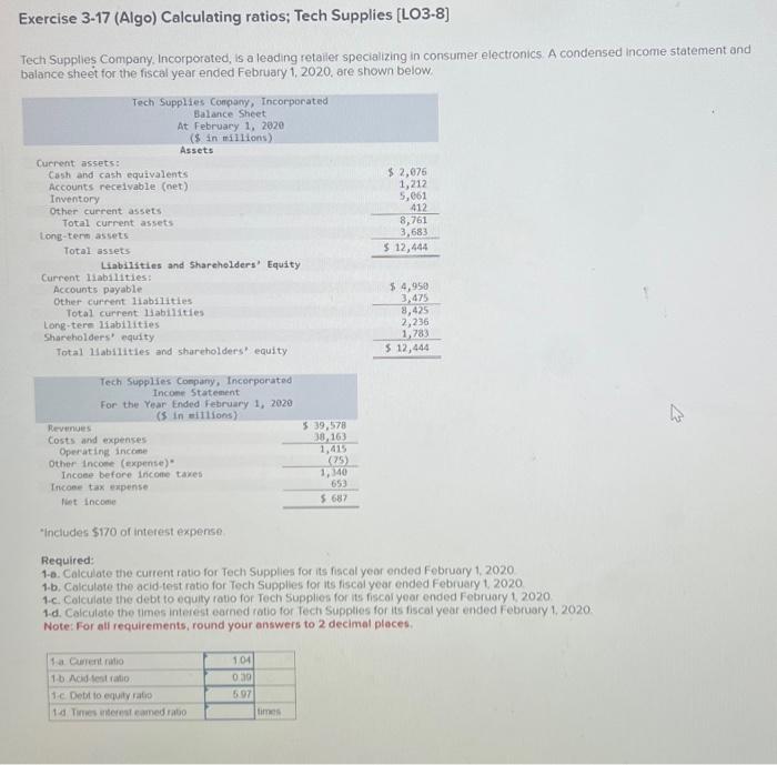 Solved Exercise 3-17 (Algo) Calculating ratios; Tech | Chegg.com Solved Exercise 3-17 (Algo) Calculating ratios; Tech | Chegg.com