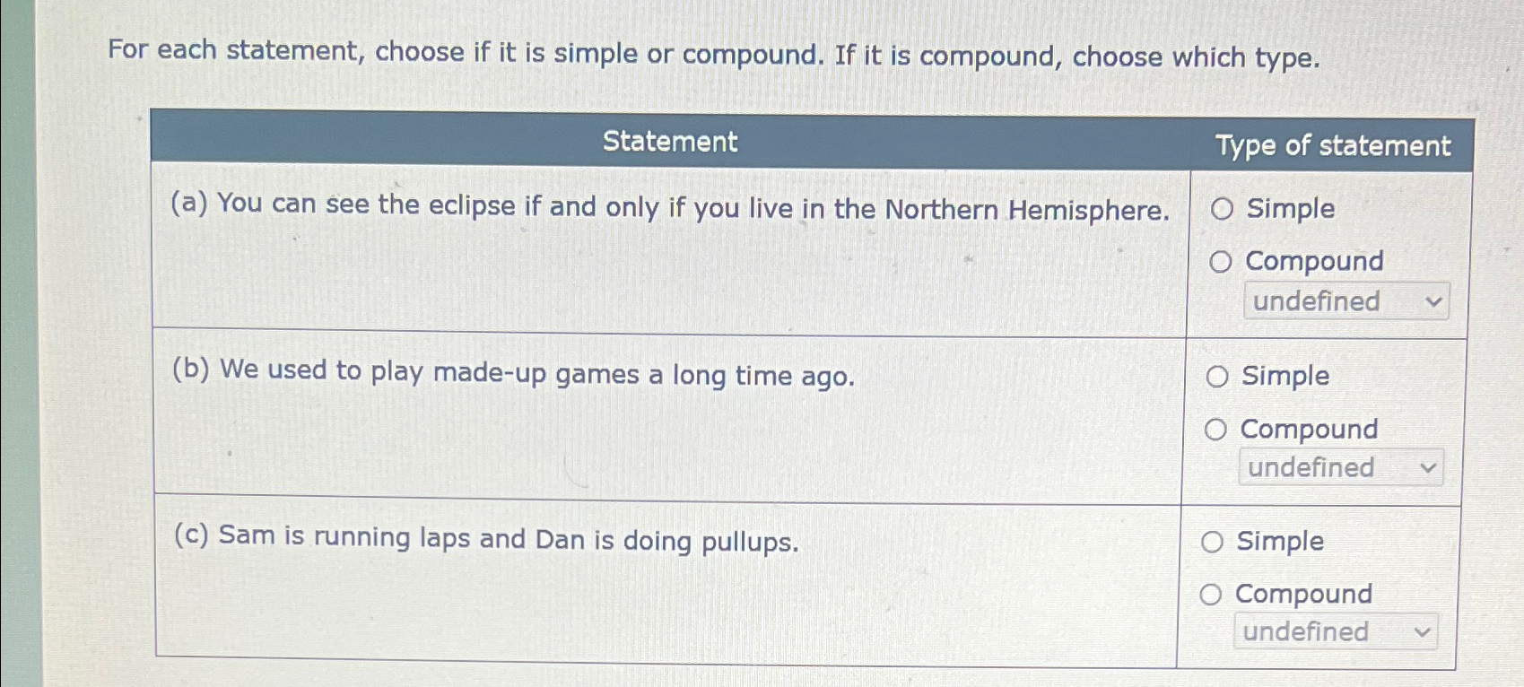 Solved For each statement, choose if it is simple or | Chegg.com