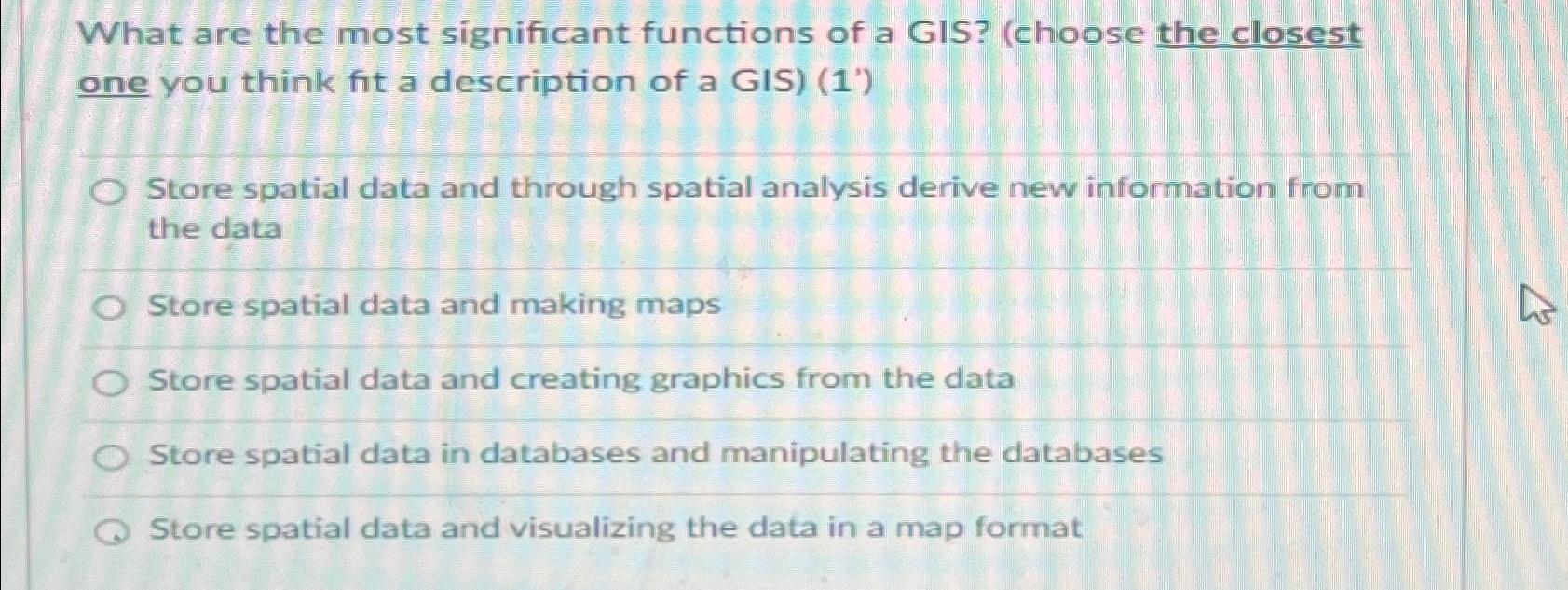 Solved What are the most significant functions of a GIS? | Chegg.com
