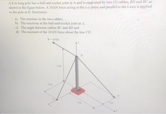 Solved A 6 m long pole has a ball-and socket joint at A and | Chegg.com