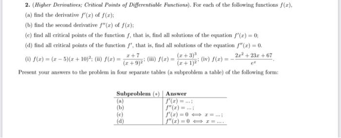 Solved 2. (Higher Derivatives; Critical Points of | Chegg.com
