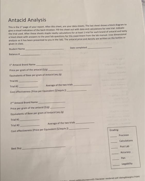 Antacid Analysis This is the 1" page of your report. | Chegg.com