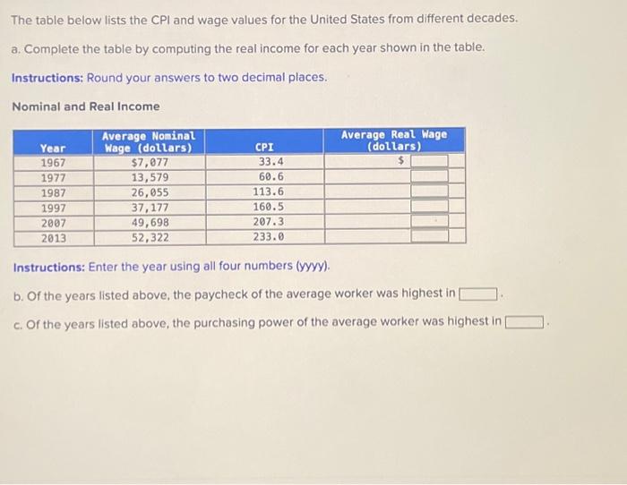 Solved The table below lists the CPI and wage values for the | Chegg.com