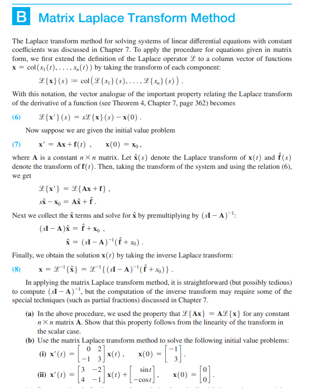 Solved B ﻿Matrix Laplace Transform MethodThe Laplace | Chegg.com