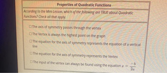 Solved Properties of Quadratic Functions According to the | Chegg.com