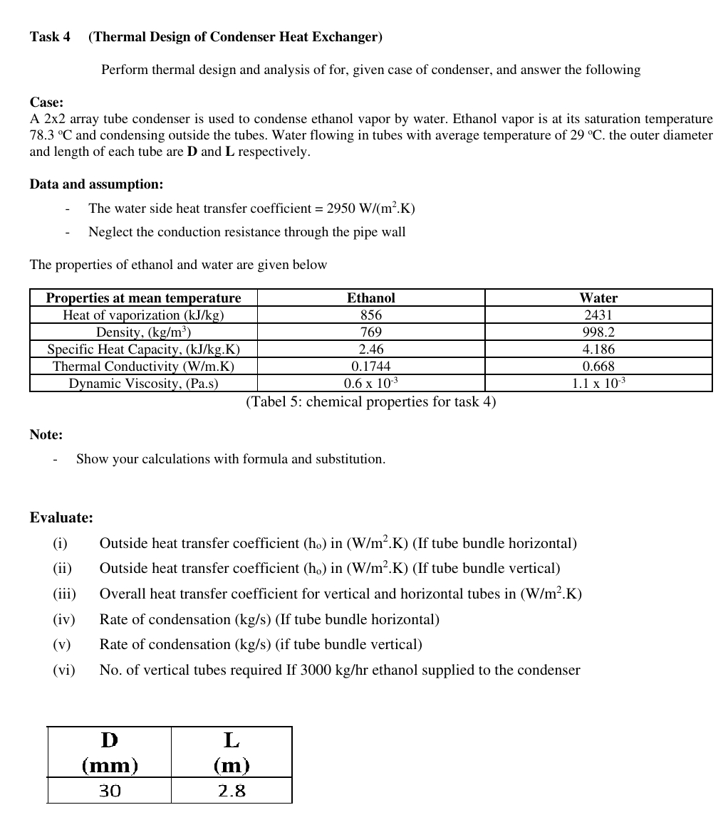 Solved Task 4 (Thermal Design of Condenser Heat | Chegg.com