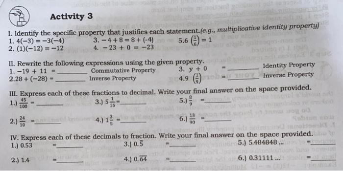 Solved Activity 3 1. Identify the specific property that | Chegg.com