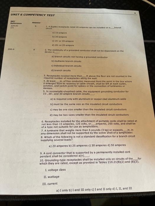 UNIT 6 COMPETENCY TEST NEC Reference 220.51 Artswer | Chegg.com