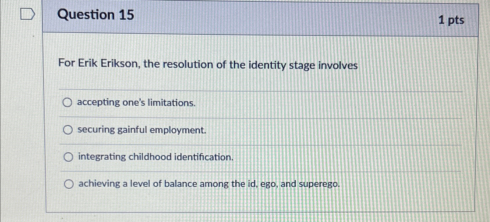 Solved Question 151 ﻿ptsFor Erik Erikson, the resolution of | Chegg.com