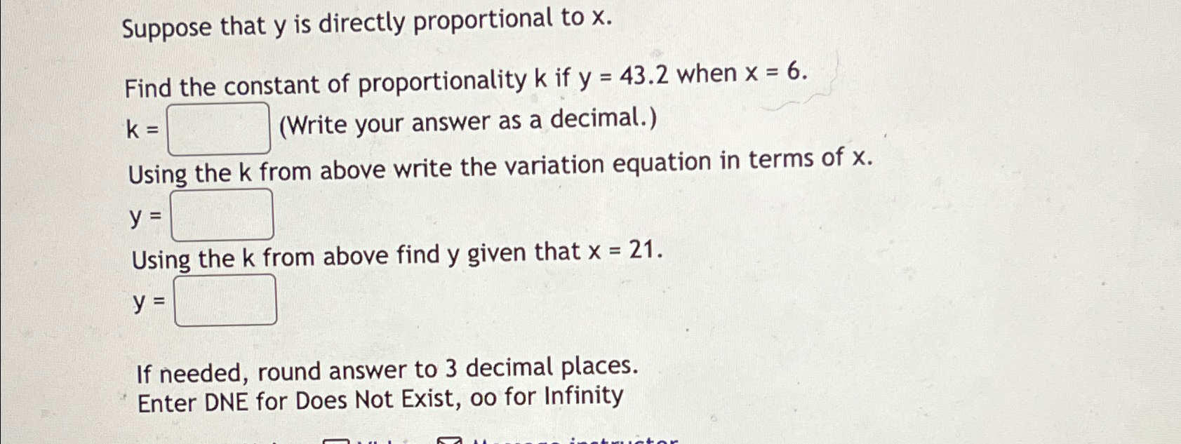 Solved Suppose that y ﻿is directly proportional to x.Find | Chegg.com