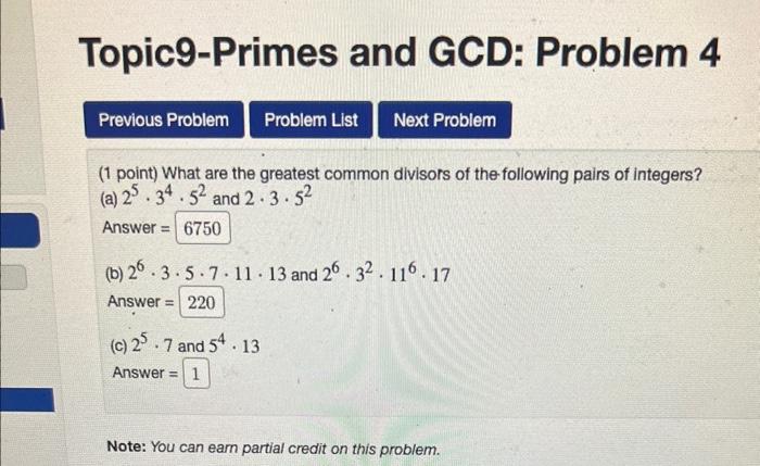 Solved Topic9-Primes and GCD: Problem 4 (1 point) What are | Chegg.com