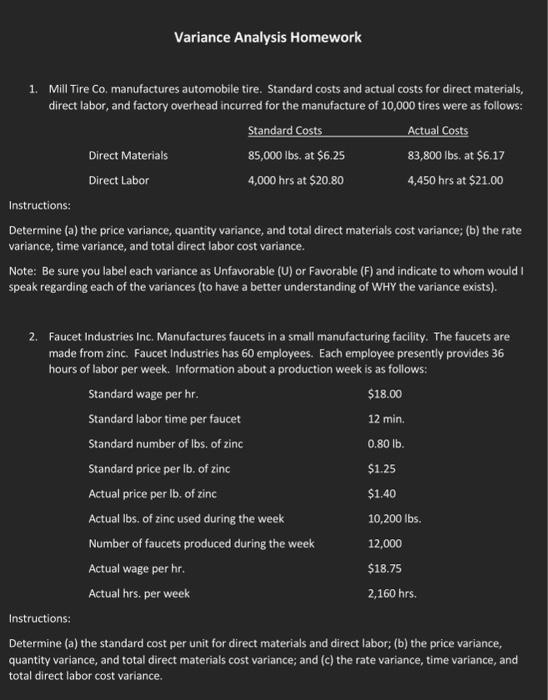 Solved Variance Analysis Homework 1. Mill Tire Co. | Chegg.com