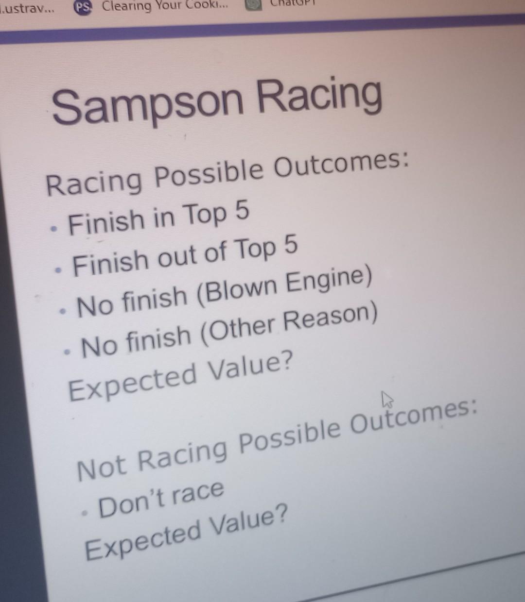 Solved Sampson Racing Racing Possible Outcomes: - Finish in | Chegg.com