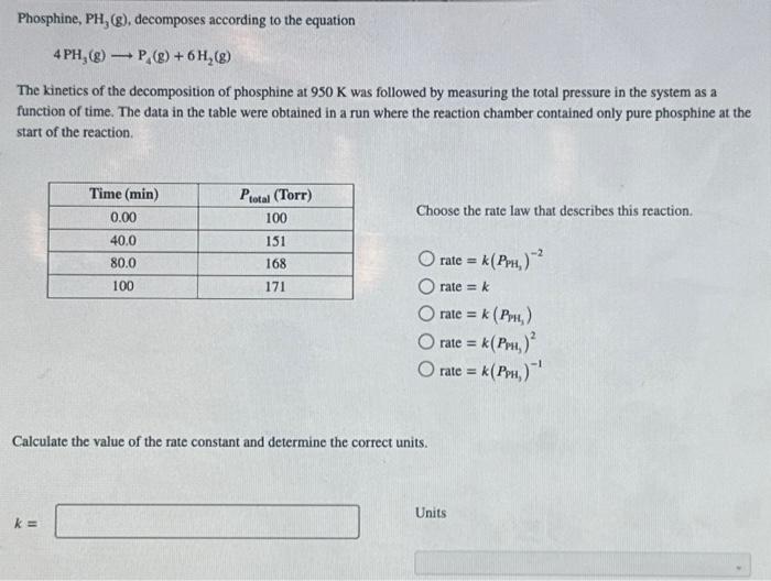 Solved Phosphine, PH3( g), decomposes according to the | Chegg.com