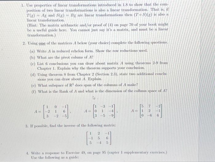Solved 1. Use propertics of lincar transformations | Chegg.com