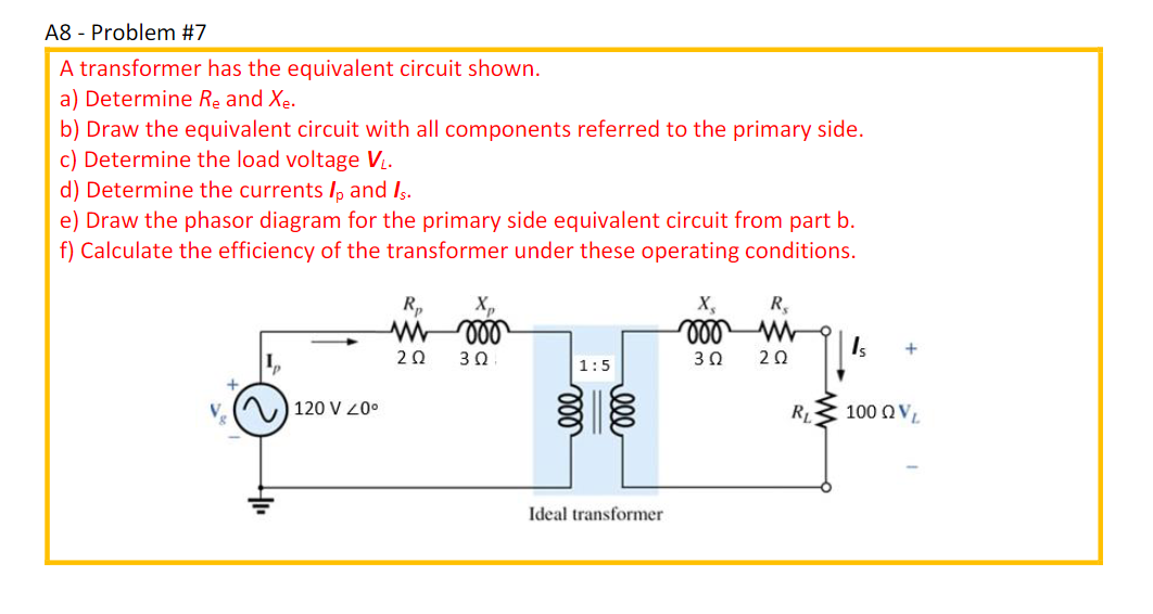 A transformer has the equivalent circuit shown.a) | Chegg.com