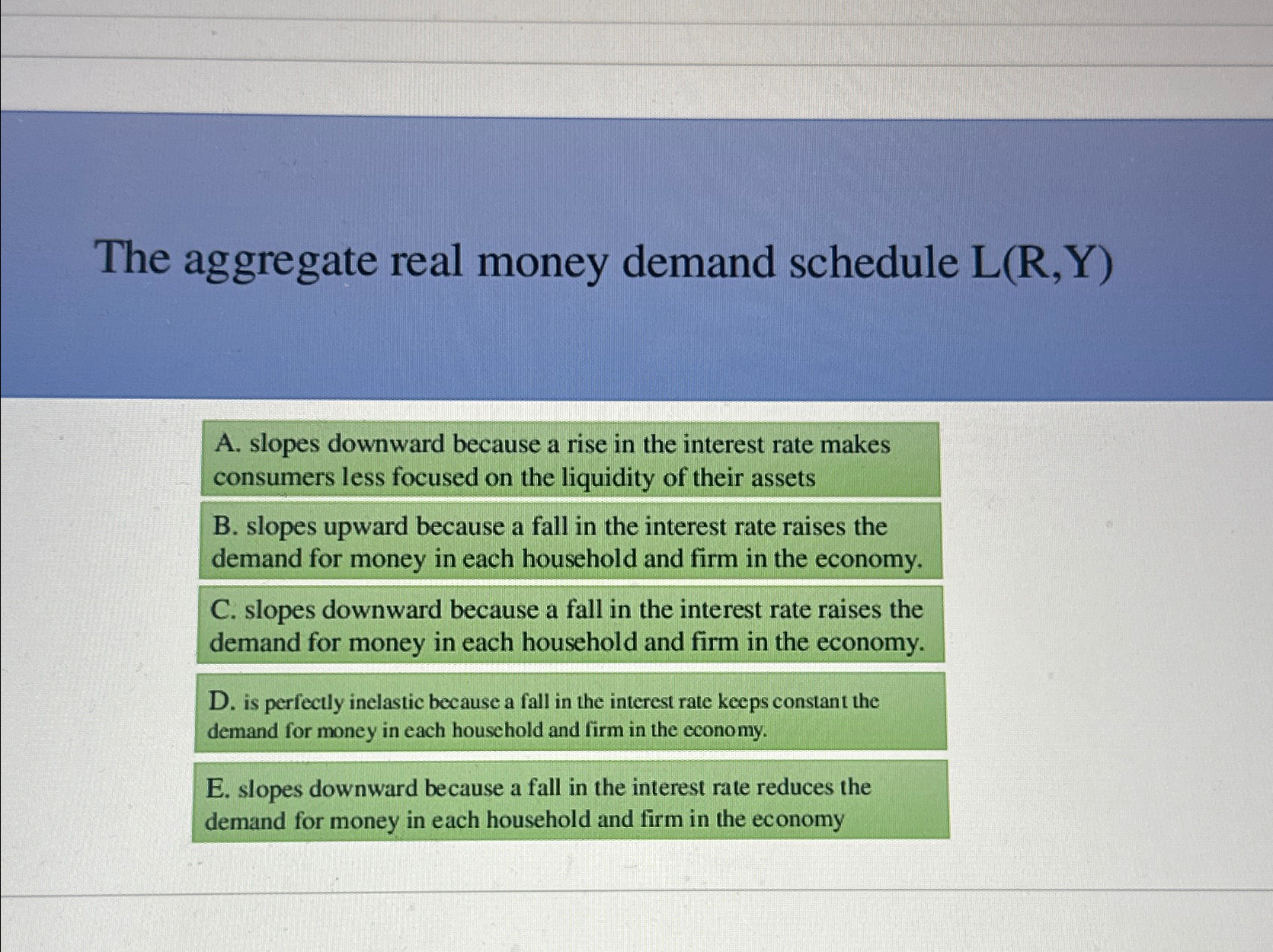 Solved The aggregate real money demand schedule L(R,Y)A. | Chegg.com