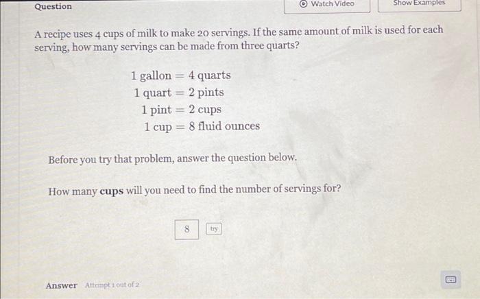 Solved Question 1 gallon 1 quart = 2 pints 1 pint = 2 cups 1 | Chegg.com