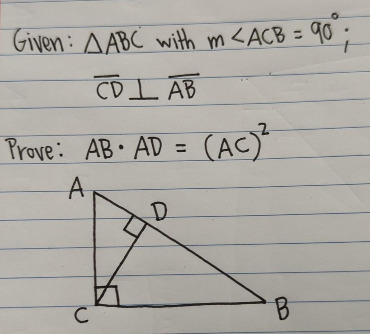 Solved ABC with m∠ACB=90∘CD⊥ABAB⋅AD=(AC)2 | Chegg.com