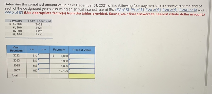 Solved Determine the combined present value as of December | Chegg.com
