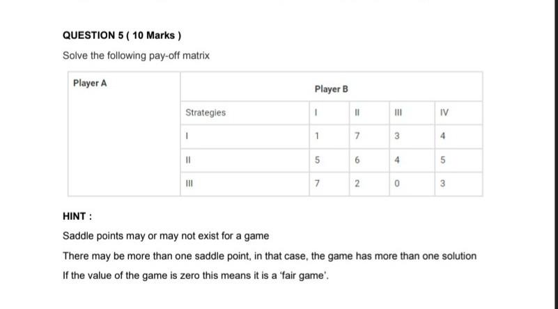 Solved Solve the following pay-off matrix HINT : Saddle | Chegg.com