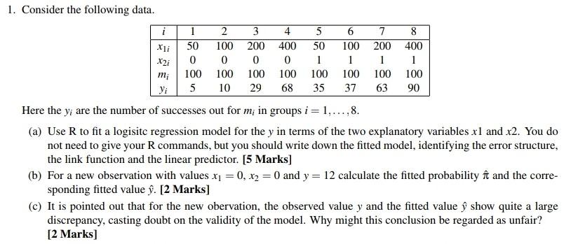 Solved 1. Consider the following data. Here the yi are the | Chegg.com