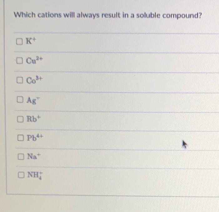 Solved Which cations will always result in a soluble | Chegg.com