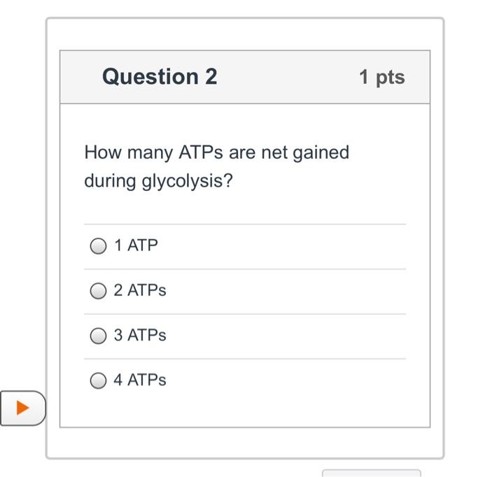 Solved Question 2 1 pts How many ATPs are net gained during | Chegg.com
