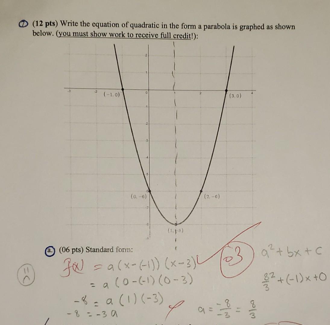 Solved (7) (12 pts) Write the equation of quadratic in the | Chegg.com
