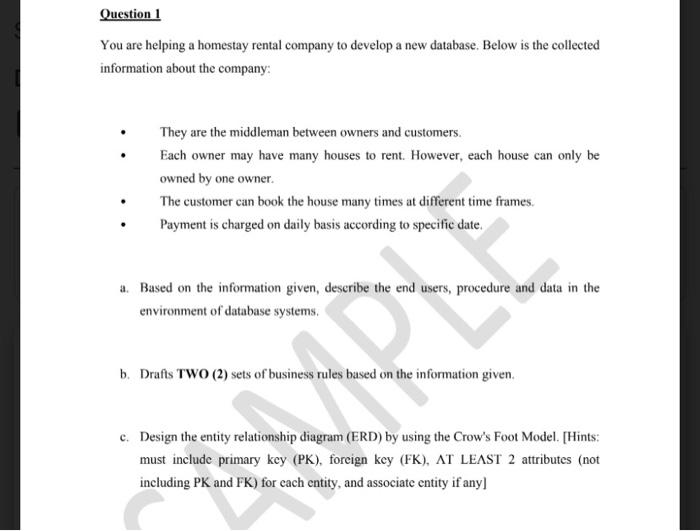Solved Question 1 You are helping a homestay rental company | Chegg.com