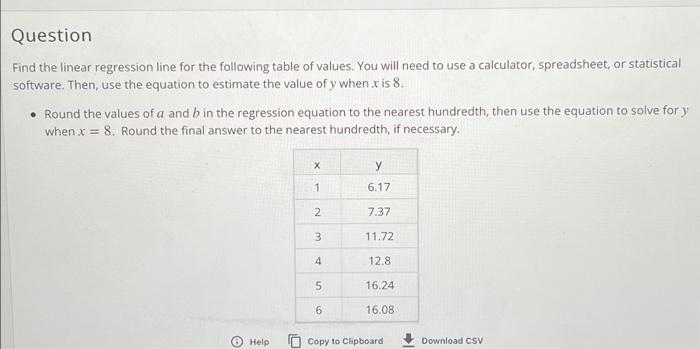 Solved Find the linear regression line for the following | Chegg.com