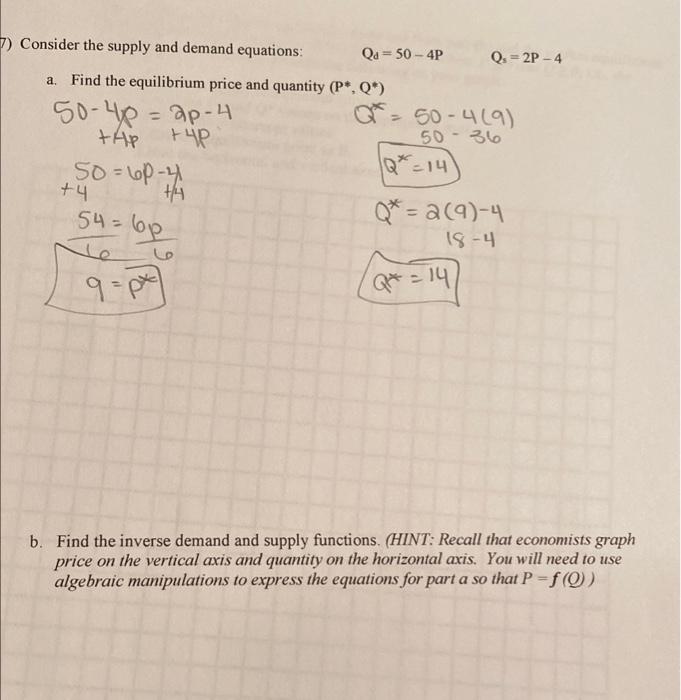 Solved 7) Consider the supply and demand equations: Qd = | Chegg.com