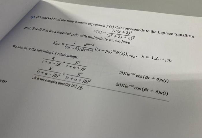 Solved Q2 (25 marks) Find the time-domain expression f(t) | Chegg.com