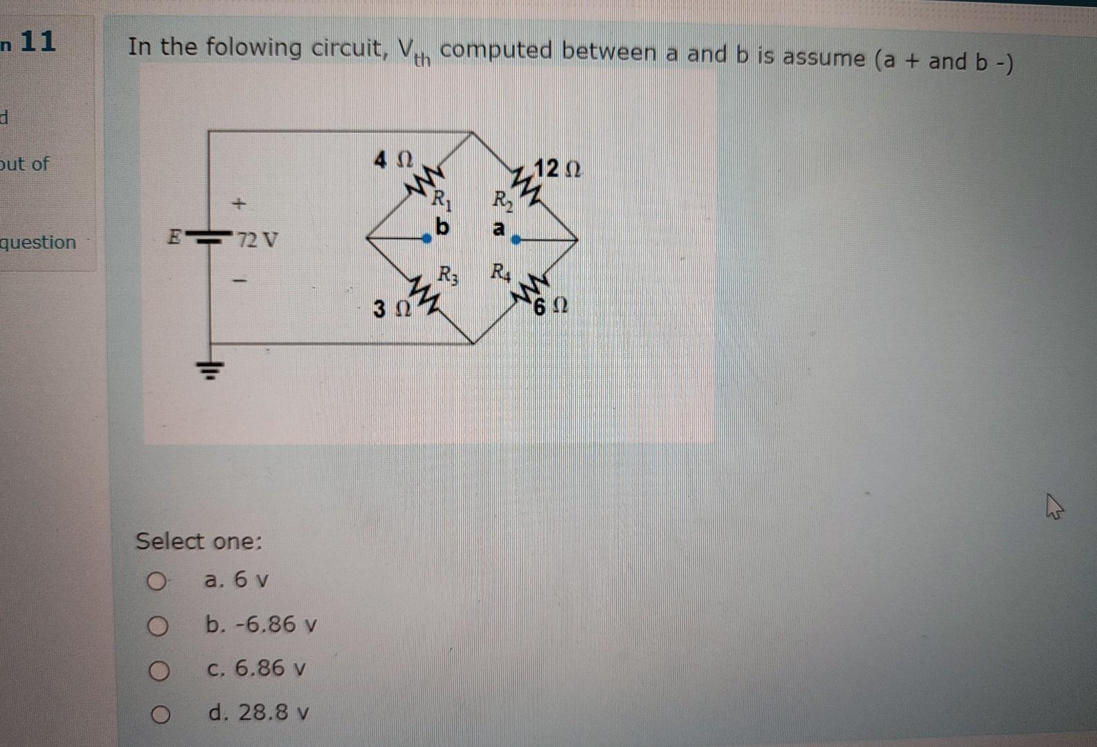 11 ﻿In the folowing circuit, Vth ﻿computed between a | Chegg.com