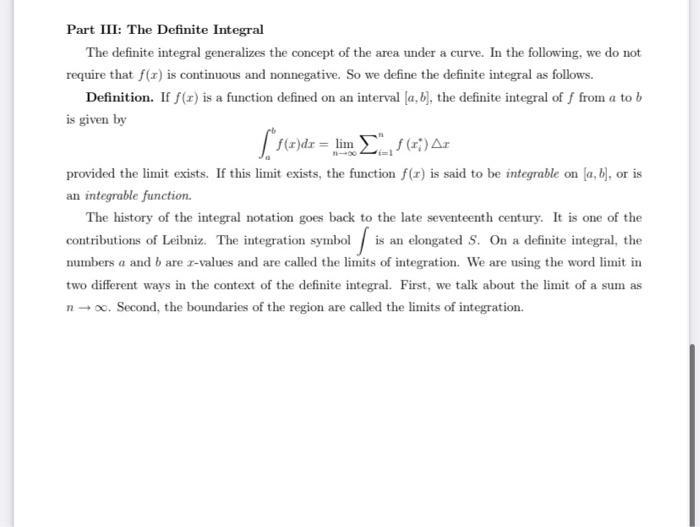Solved Part III: The Definite Integral The definite integral | Chegg.com