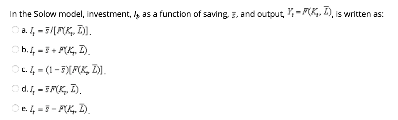 Solved In the Solow model, investment, lt, ﻿as a function of | Chegg.com