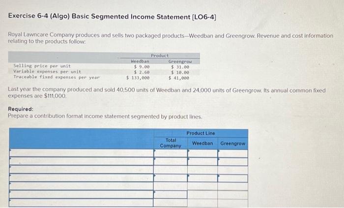 Solved Exercise 6-4 (Algo) Basic Segmented Income Statement | Chegg.com