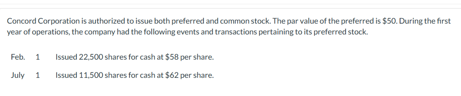Solved Concord Corporation is authorized to issue both | Chegg.com Solved Concord Corporation is authorized to issue both | Chegg.com
