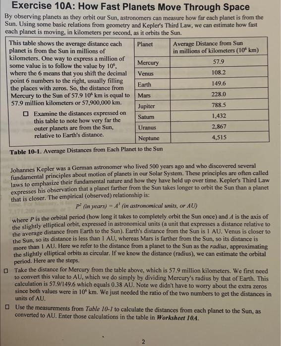 Solved Exercise 10A: How Fast Planets Move Through Space By | Chegg.com