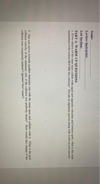 Solved Name: Lecture Instructor: Lab Section: PART A: WARM | Chegg.com