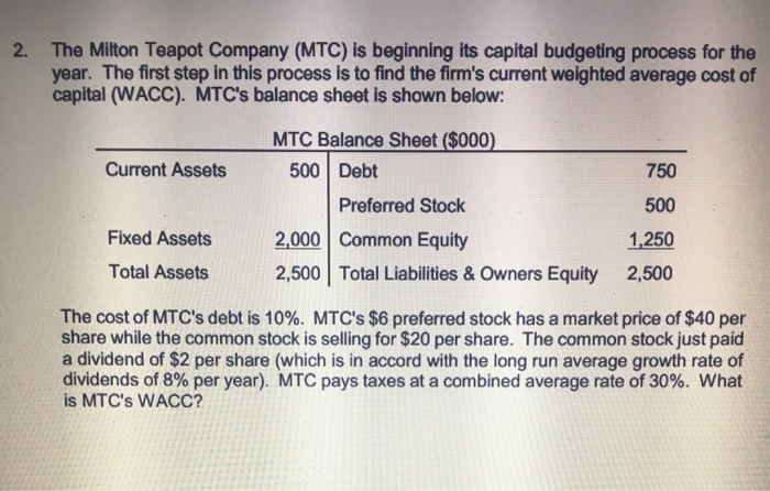 Solved 2. The Milton Teapot Company (MTC) is beginning its | Chegg.com