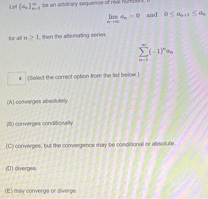 Solved Let {n}, be an arbitrary sequence of real numbers. | Chegg.com