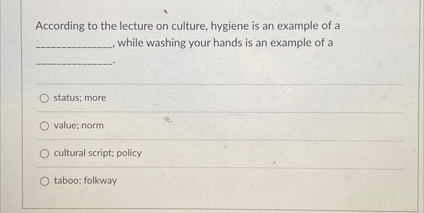 Solved According to the lecture on culture, hygiene is an | Chegg.com